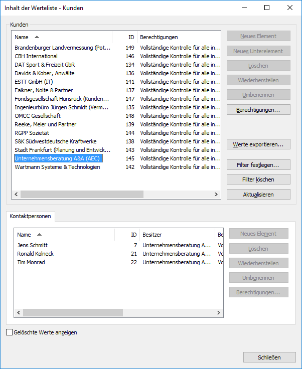Inhalt der Werteliste (einzelne Werte)